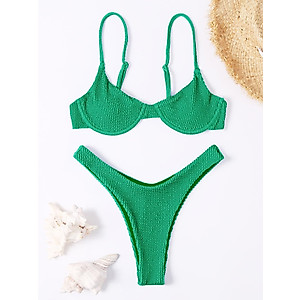 QWINEER Women's Underwire High Cut Bikini Set Bathing Suits 2 Piece Swimsuits 2024 A Green M