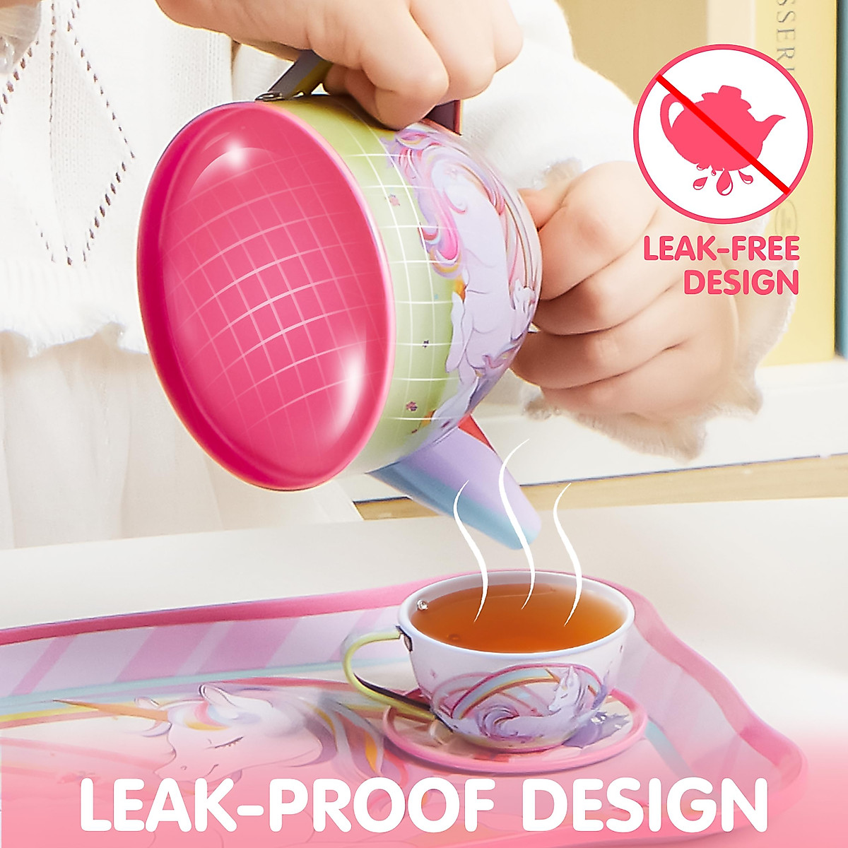 JOYIN 35Pcs Unicorn Tea Party Set for Little Girls, Pretend Tin Teapot Set, Princess Tea Time Play Kitchen Toy with Dessert, Doughnut, Carrying Case for Birthday Easter Gifts Kids Toddlers Age 3 4 5 6