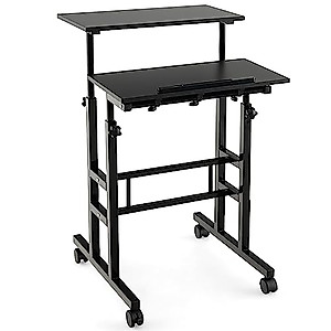 Tangkula Mobile Standing Desk Stand Up Desk, Height Adjustable Computer Desk with Standing & Seating 2 Modes, Tilting Tabletop & Flexible Wheels, Rolling Laptop Cart Sit Stand Desk