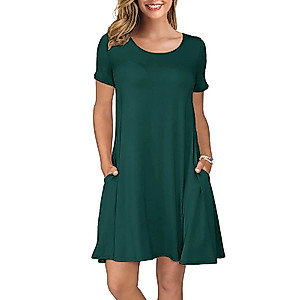 KORSIS Summer Dresses for Women Dark Green Medium Casual T Shirt Dresses Short Sleeve Swing Flowy Ladies Beach Vacation Sundress with Pockets