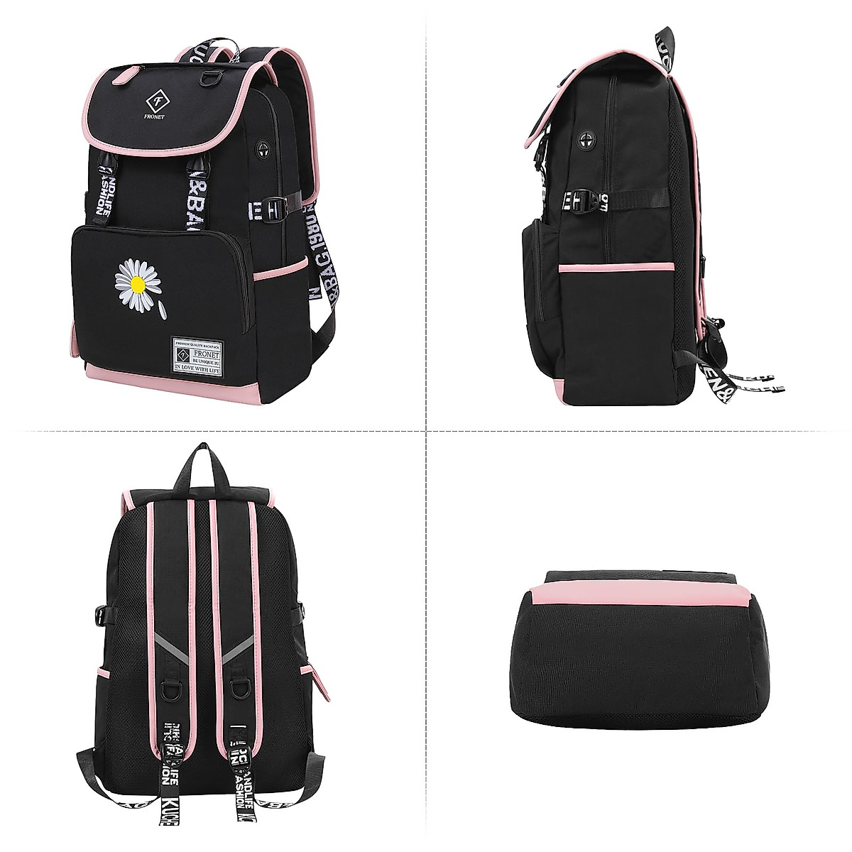 Backpack for Teen Girls, 4-in-1 School Backpack for Girls Women Female, Kids Bookbag/Lunch Box/Pencil Case/Coin Purse, Bag Set for Primary Junior Middle High School College, with USB, Headphone Ports