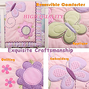 Brandream Crib Bedding Sets for Girls with Purple Butterfly | Baby Comforter, Fitted Sheet, Dust Ruffle and Diaper Stacker, Ambroidered Floral Animal Pink, 4 Pieces