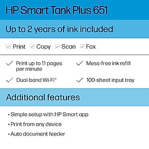 HP Smart -Tank Plus 651 Wireless All-in-One Ink -Tank Printer, up to 2 Years of Ink in Bottles, Auto Document Feeder, Mobile Print, Scan, Copy, Works with Alexa (7XV38A)