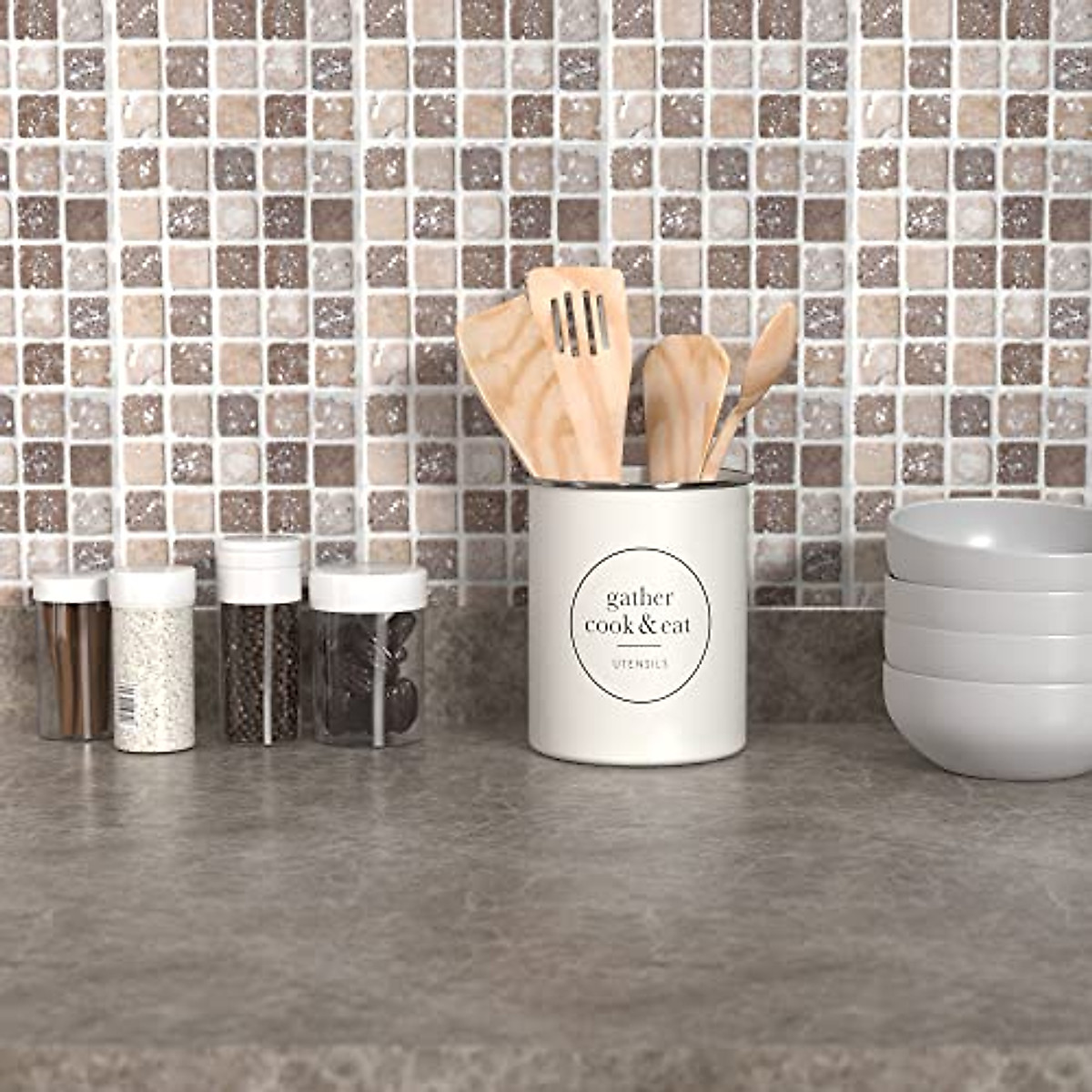 Barnyard Designs Metal Utensil Crock Holder, Rustic Farmhouse Countertop Decor, Country Kitchen Utensil Storage Caddy Organizer, White, 5.5" x 6.75”