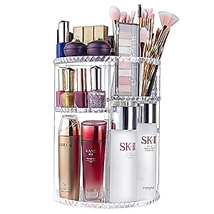 chfine 360 Rotating Makeup Organizer, Adjustable Large Capacity Detachable Spinning Cosmetics Organizer with 4 Holder Storage Rack, Lazy Susan Makeup Organizer Makeup Sets (Crystal Clear)