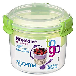 Sistema To Go Collection 1.18 Oz. Salad Dressing Containers, Pink/Green/Blue/Purple, 4 Pack & To Go Collection Breakfast Bowl Food Storage Container, 17.9 oz./0.5 L, Color Received May Vary