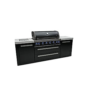 Mont Alpi MAi805-BSS 44-inch 6-Burner 115000 BTU Deluxe Black Stainless Steel Outdoor Kitchen Gas Island Grill w/ Infrared Side Burner & Rotisserie Kit Granite Countertop + Storage Cabinets & Weather Cover