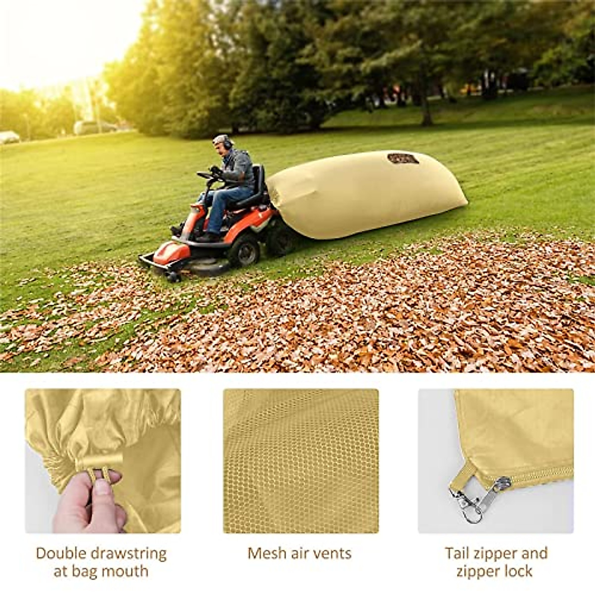 WHXHJ Tractor Leaf Bag Wear-Resistant Oversized, Garden Leaf Bag 80 × 51 Inch, 420D Oxford Cloth Wear-Resistant Lawn Mower Grass Catcher Bag for All Lawn Mower Tractor,Beige
