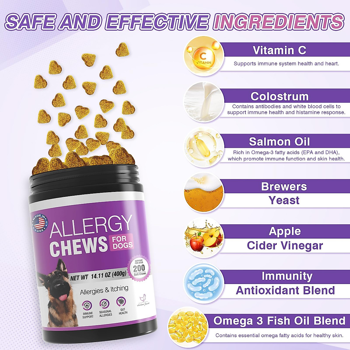 Dog Allergy Chews 200PCs - Dog Allergy and Itching Skin Relief Anti Itch Aller Immune Bites for Dogs Itching Itchy Paw Relief Itch Allergy Probiotics Support Chew Vitamins for Skin and Coat Allergies