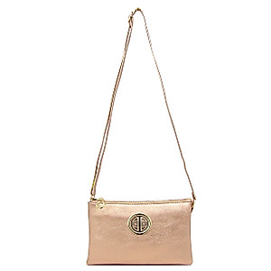 Solene Womens and Girls Multi Compartment Functional Emblem Crossbody Bag With Detachable Wristlet-WU020L(Rose Gold)