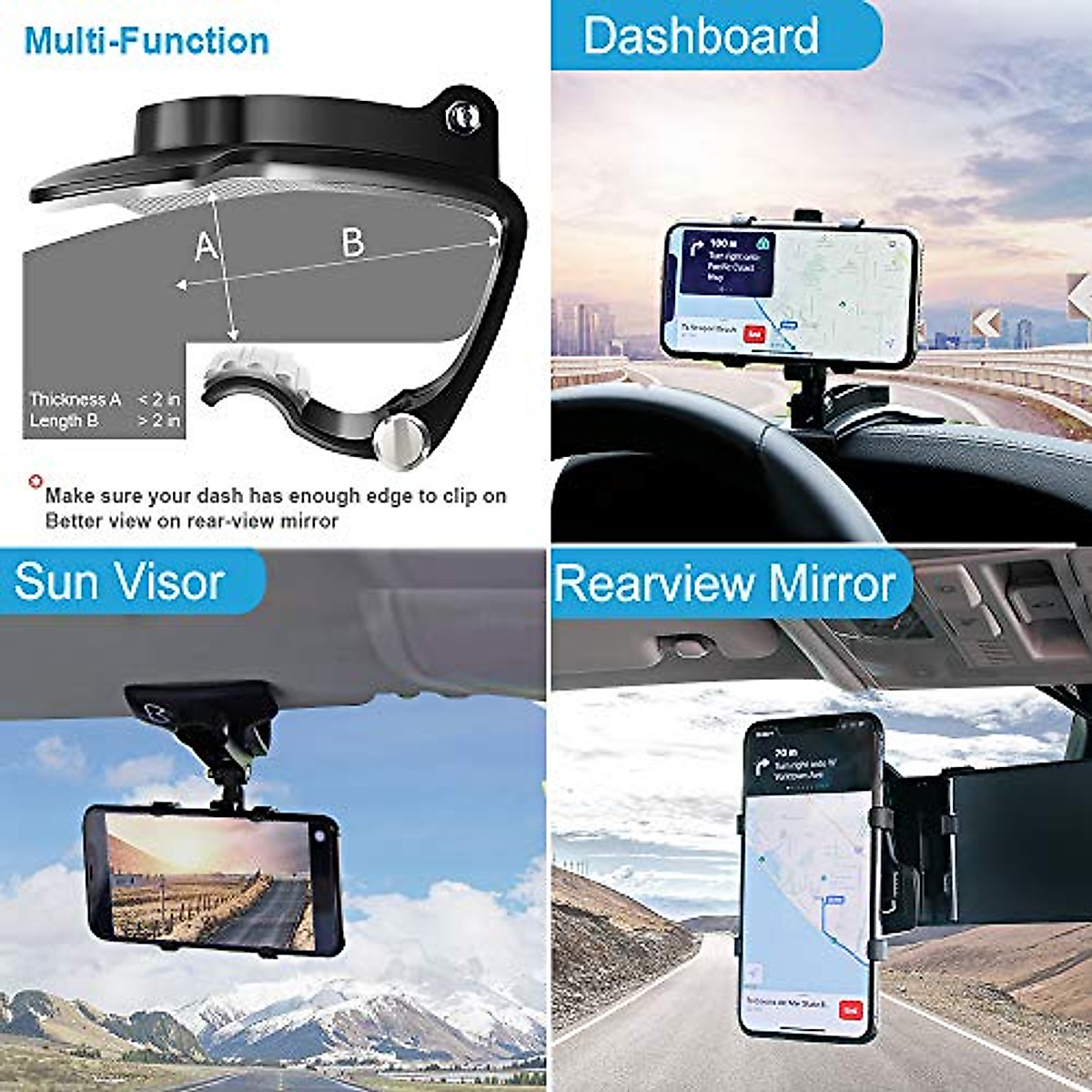 BelleViewWay Car Phone Holder Mount Upgrade 360-Degree Rotation Universal Car Cell Phone Holder Multi-Function Compatible w/ Smartphones iPhone Galaxy (Upgrade 360-Degree)
