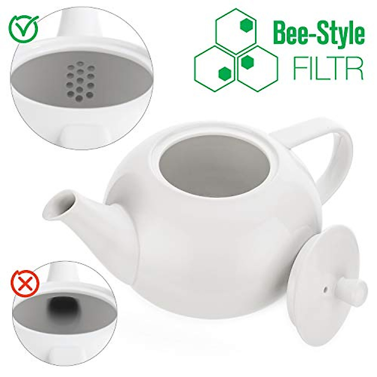 Tealyra - Large White Porcelain Teapot - 47.3-ounce (6-8 cups) - English Modern Style - Teapot with Bee Style Spout Filter To Brew Loose Leaf Tea - Ceramic Brewer Pot - 1400ml