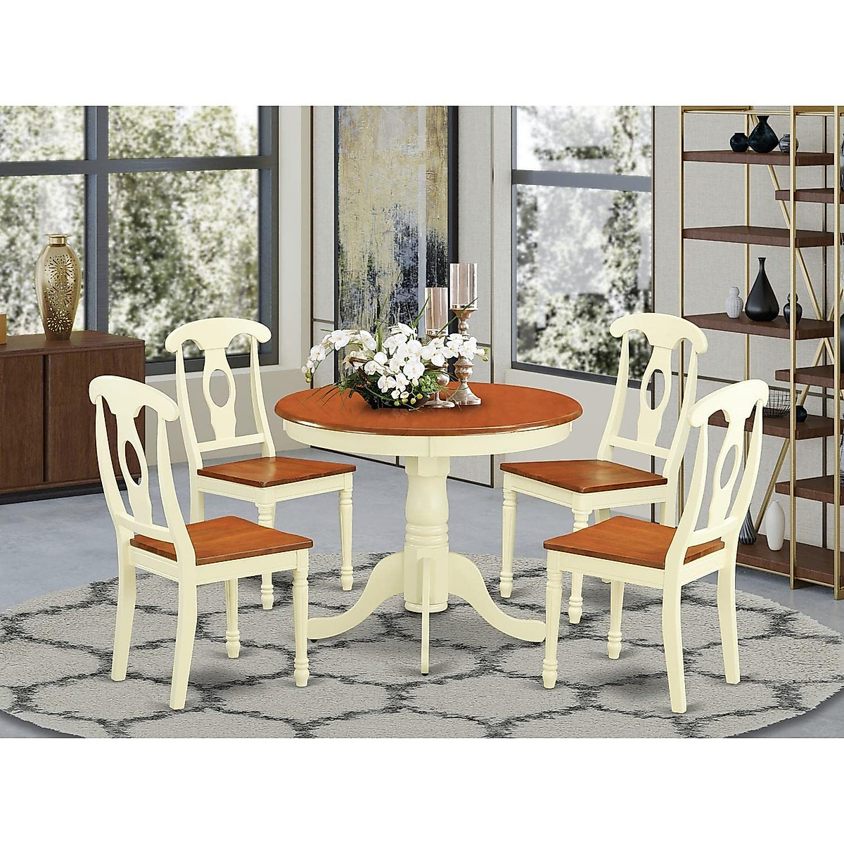 East West Furniture ANKE5-WHI-W 5 Piece Dining Room Furniture Set Includes a Round Dining Table with Pedestal and 4 Wood Seat Chairs, 36x36 Inch, Buttermilk & Cherry
