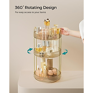 SONGMICS Makeup Organizer, 3-Tier Round Rotating Skincare Organizer Countertop, Customizable, Toiletries Vanity Organizer, Lazy Susan, Gift, Champagne Gold UJKA011A01