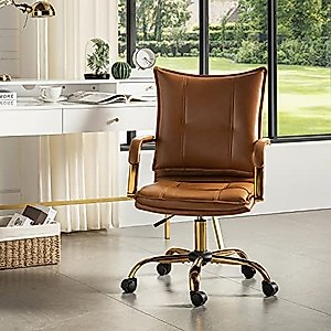 HULALA HOME Faux Leather Home Office Desk Chair, Adjustable Swivel Computer Chair with Golden Legs and Arms, Comfy Upholstered Task Chair,Camel