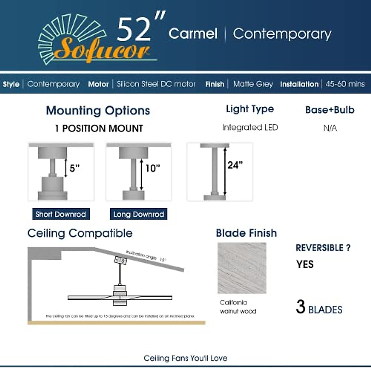 Sofucor 52" Retro Style Ceiling Fan with Light Memory Function, 6 Speeds, Solid Wood Ceiling Fan for Bedroom, Rustic, Farmhouse, Study, Living Room, Porch, Patio