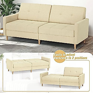 77" Modern Linen Fabric Futon Sofa Bed with Adjustable Backrest & Solid Wood Legs, Convertible Loveseat Couch Sleeper Sofabed 3 Seats Sofa for Small Space (Beige)