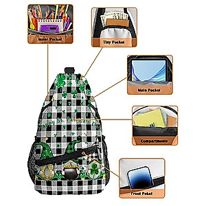 Sling Backpack, St.Patrick's Day Shamrocks Gnome Black and White Buffalo Plaid Waterproof Lightweight Small Sling Bag, Travel Chest Bag Crossbody Shoulder Bag Hiking Daypack for Women Men
