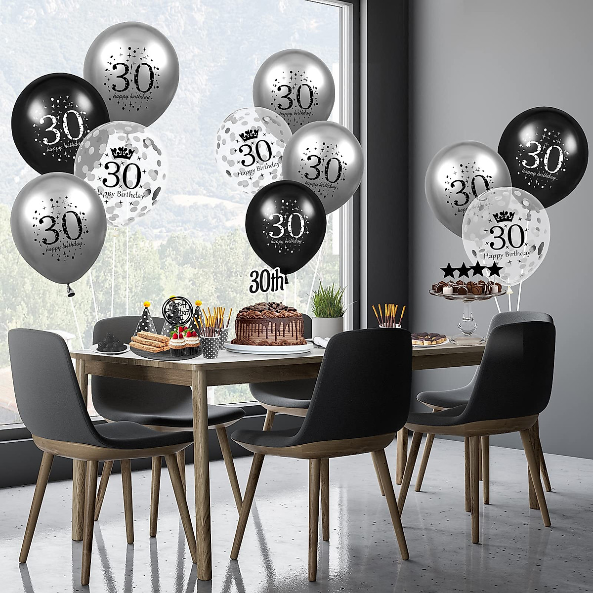 30th Birthday Balloons Decorations 15pcs Black Silver Happy 30th Birthday Party Latex Confetti Balloons for Men Women 30th Anniversary Happy Birthday Party Decor Supplies 12 inches