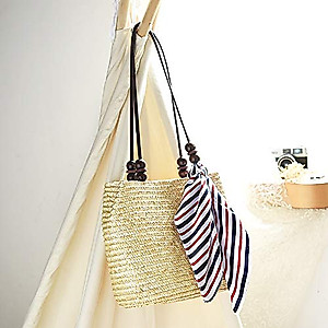 QTKJ Women Retro Bucket Straw Bag Handwoven Rattan Beach Tote Shoulder Bag with Brown Bead (Beige)