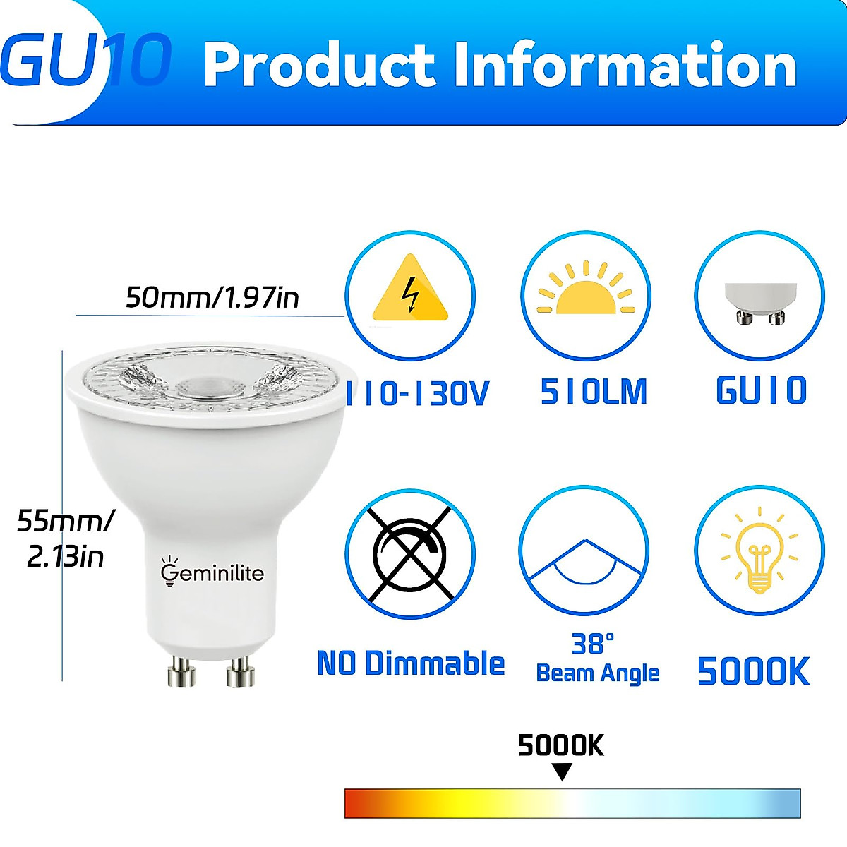 Geminilite GU10 LED Light Bulb 5000K Daylight White Spot Light 7W (50W Equivalent) Replacement 510LM Ceiling recessed Lighting, No Dimmable 38° Spotlight for Kitchen, Range Hood, 6 Pack