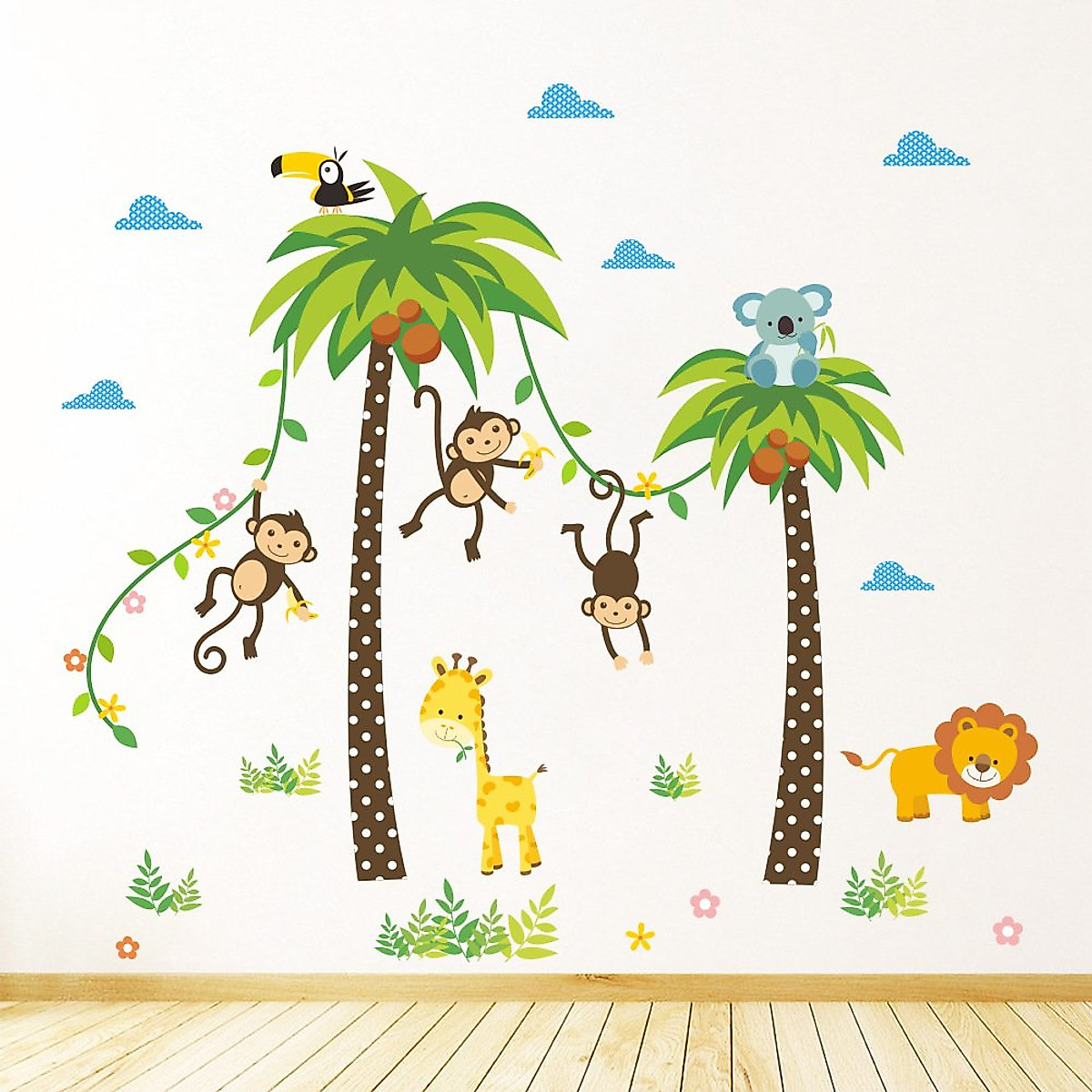 ElecMotive Cartoon Forest Animal Monkey Crow Koala Coconut Palm Tree Nursery Wall Stickers Wall Murals DIY Posters Vinyl Removable Art Wall Decals for Kids Girls Room Decoration (Monkey Lion Giraffe)