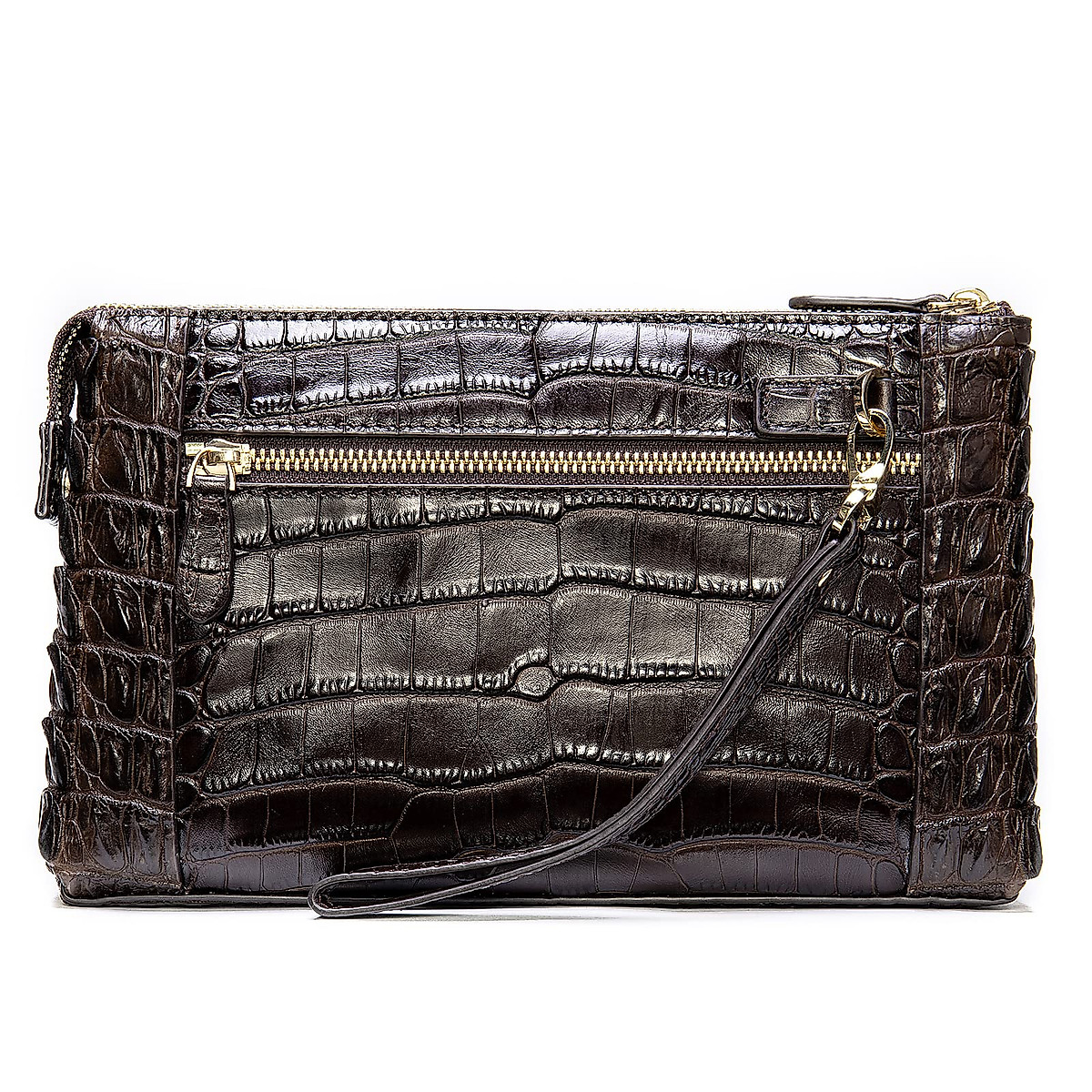 Crocodile Clutch Wallet for Men and Women, Luxury Leather Wristlet Handbag Hand Purse Large Checkbook Wallets Brown