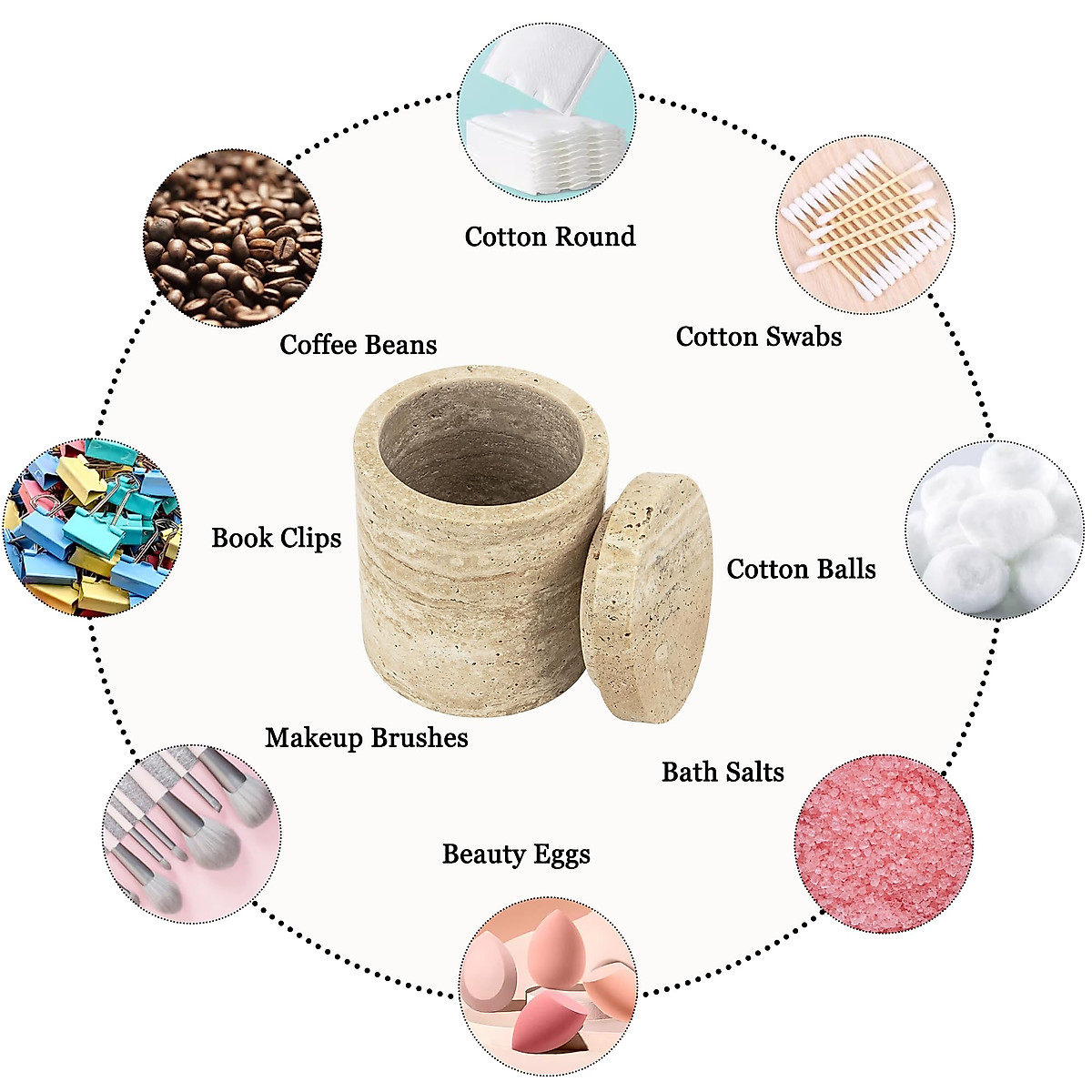 N NANSHOP Bathroom Qtip Holder Dispenser with Lid, Marble Vanity Cotton Ball Holder for Cotton Swab Ball Makeup Sponge Mat Bath Salt, Made of Real Marble, Beige White Travertine(NS019)