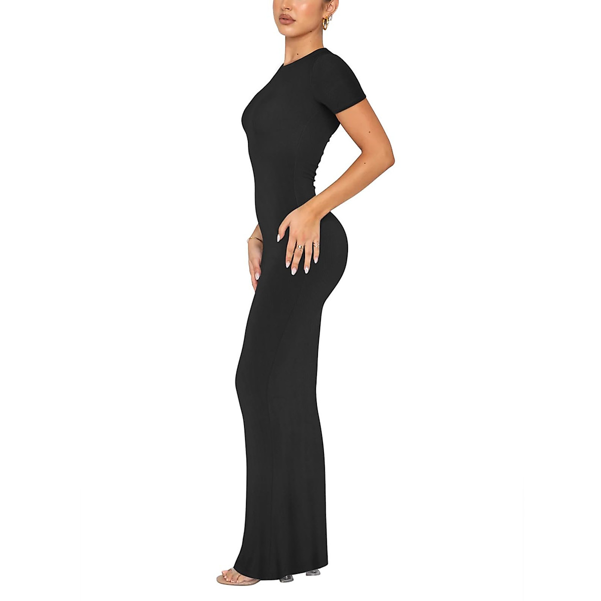 REORIA Women's Summer Sexy Casual Lounge Long Dress Elegant Wedding Guest Short Sleeve Crew Neck Bodycon Maxi Dresses Black X-Large