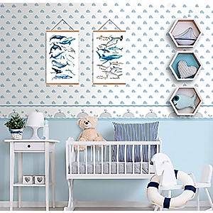 HPNIUB Natural Wood Magnetic Hanger Frame Poster- Shark & Whale Wall Art Print ,Sea Life Canvas Poster,Educational Science Wall Art Painting For Classroom Decor, 28X45cm Frames Hanging Kit