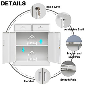 CMY Metal Storage Cabinet with Locking Doors and Adjustable Shelf, 36" H Steel Cabinet with Two Drawers, Locking Storage Cabinet for Office, Garage, Home-White