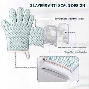 MAD SHARK Silicone Oven Mitts Heat Resistant 450 Degrees with Waterproof & Non-Slip Oven Gloves with Fingers, Silicone Oven Gloves Kitchen Mittens for Baking Cooking Barbecue (Green)