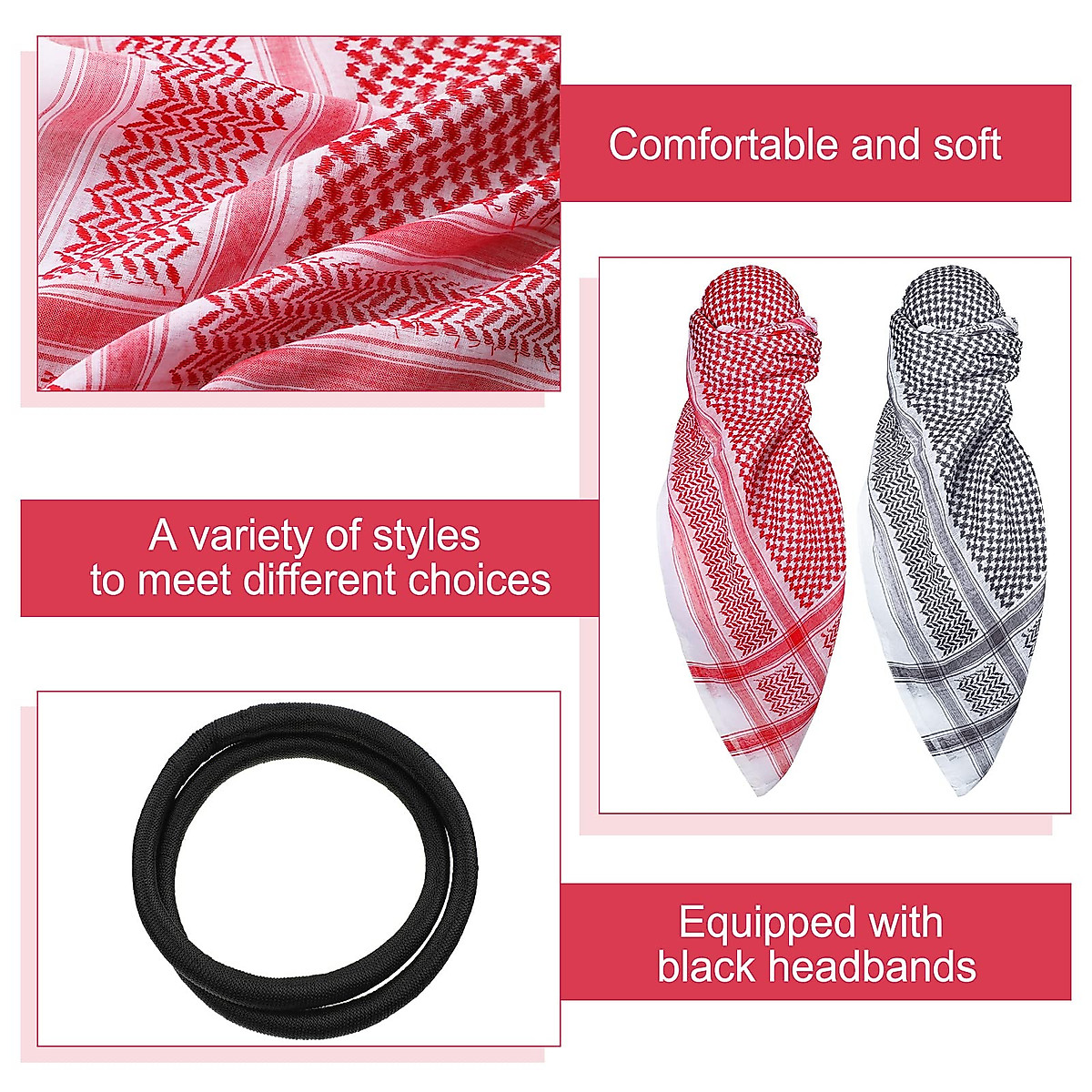 Funtery 2 Pcs Arab Head Scarf for Men with Lgal Aqel Rope Middle East Desert Shemagh Wrap Arab Costume(Pink, Black, White)