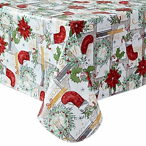 Newbridge Merry Christmas Stocking Holiday Vinyl Flannel Backed Tablecloth - Noel Christmas Wreath, Festive Seasons Greetings Print Wipe Clean Easy Care Xmas Tablecloth, 60” x 102” Oblong/Rectangle