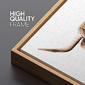 SIGNLEADER Framed Canvas Print Wall Art Brown Full-Frame Closeup of Highland Cow Animals Wilderness Photography Realism Portrait Relax/Calm Duotone for Living Room, Bedroom, Office - 24"x36" NATURAL