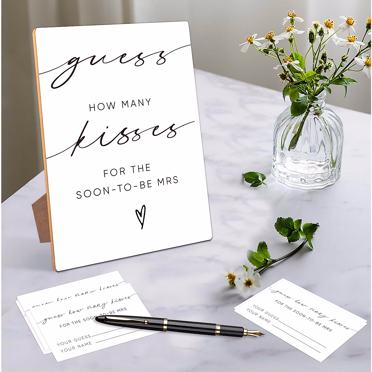 How Many Kisses Bridal Shower Game, Bridal Shower Games, Bridal Shower Decorations, Bridal Party Decorations, Bachelorette Party Games,1 Wooden Play Sign with Stand and 50 Guessing Cards Set