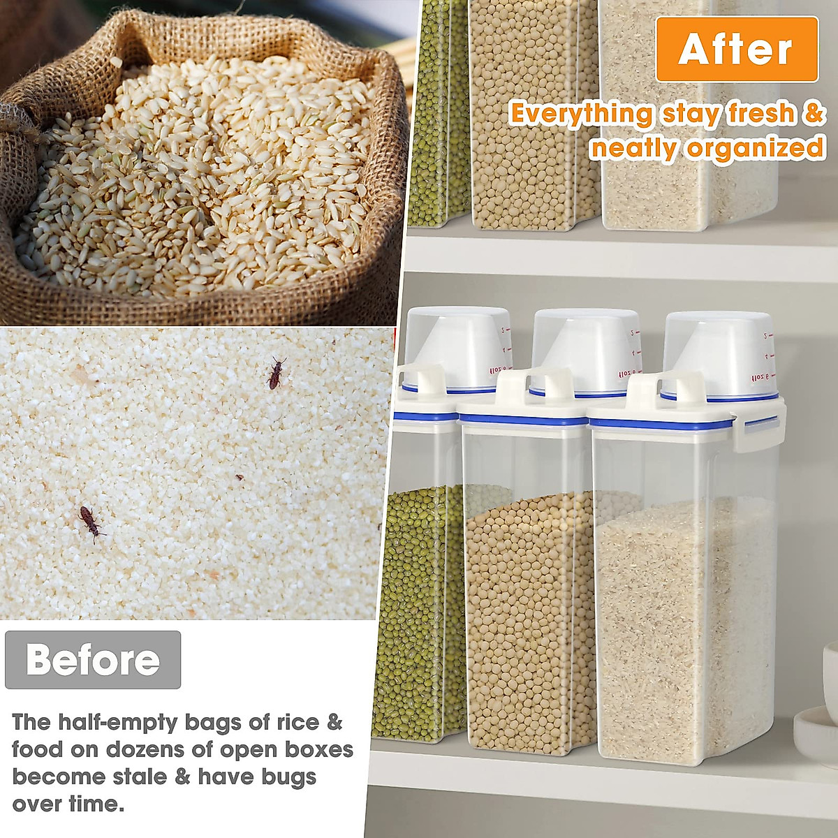 TBMax Cereal Container Oatmeal Dispenser - 2Pack, Rice Storage Bin with Airtight Design+ Measuring Cup + Pour Spout + 2KG Capacities Perfect for Suger Grain Flour Nuts Organization
