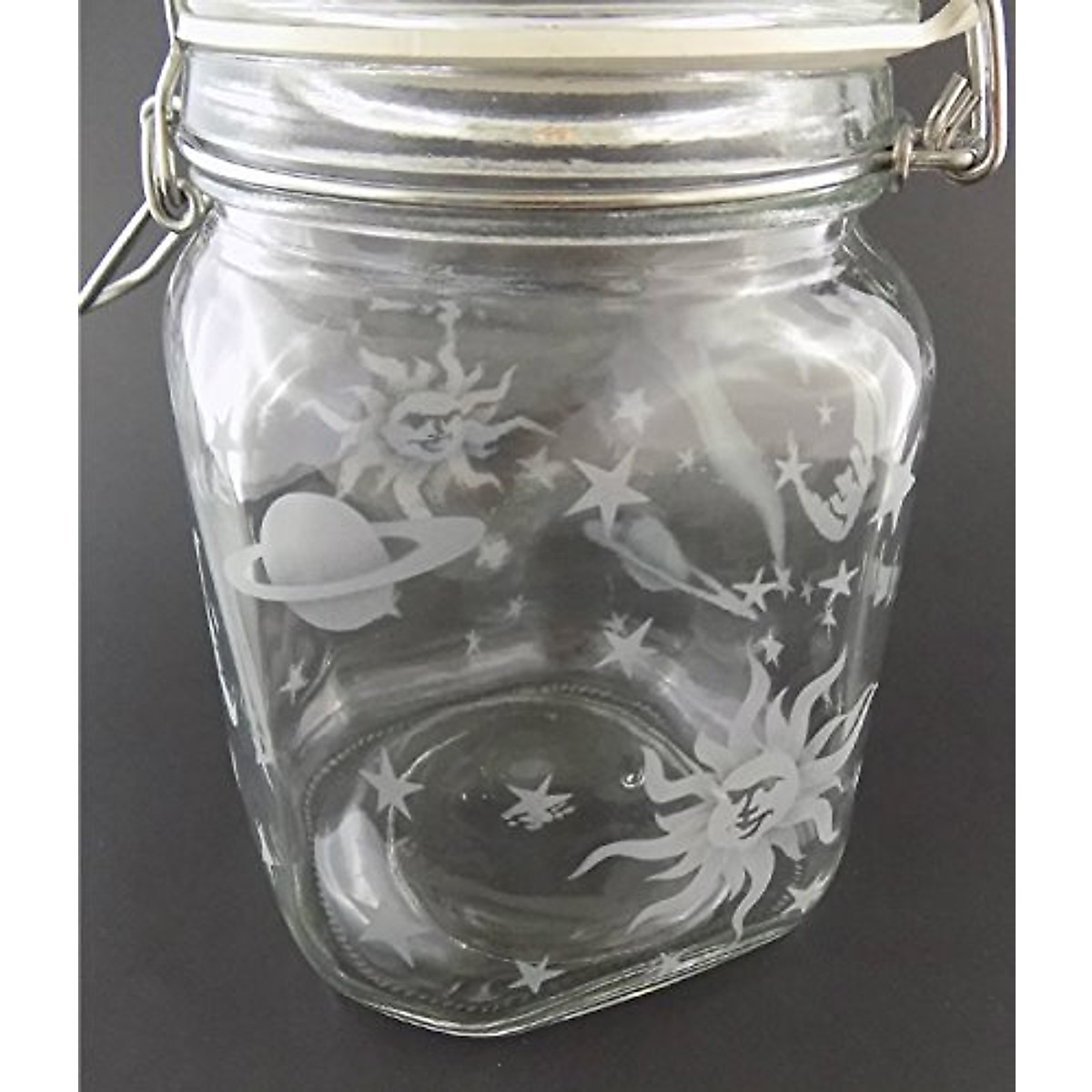 IncisoArt Hand Etched Glass Jar Airtight Canister Sandblasted (Sand Carved) Handmade Engraved Locking Wire Clamp Lid (Sun Moon Stars Planets, 38 Ounce)
