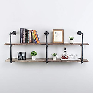 Industrial Pipe Floating Shelves,2 Tiers Wall Mount Bookshelf,63in Rustic Wall Shelves,DIY Storage Shelving Wall Shelf,Rustic Wall Shelving Unit,Wall Book Shelf for Home Organizer,Black Brushed Silver