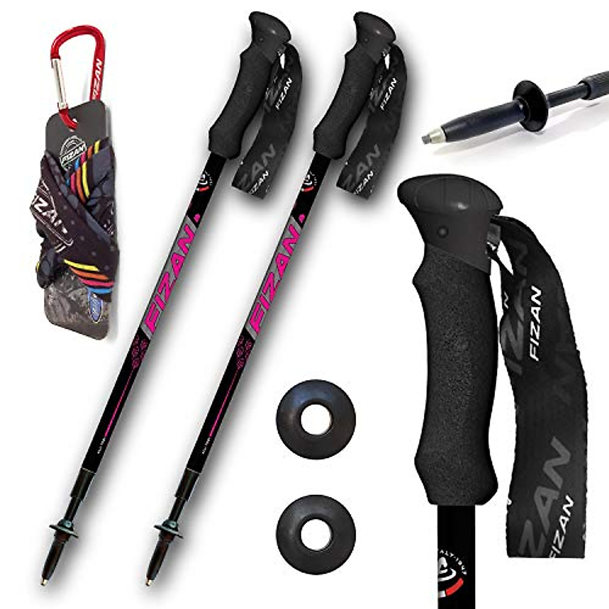 Fizan Compact 3 Trekking Poles – 5.6 oz Ultralight, Backpacking, Thru Hiking Poles, Adjustable, Collapsible, Customized Fit, EVA Grips, Aluminum Walking Sticks (Compact 3 / EVA/Pink)