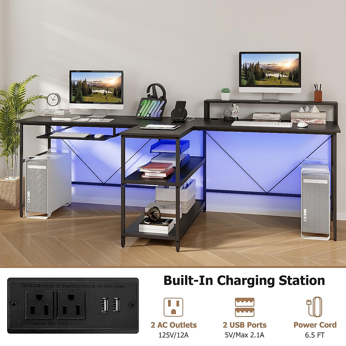 Giantex 94.5” 2 Person Desk with LED Lights, Long PC Study Desk with Storage Shelves, Power Outlets, Keyboard Tray & Monitor Stand, Double Computer Desk Workstation for Home Office (Black)