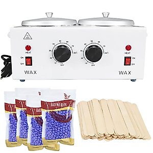 Double Wax Warmer Kit, Professional Dual Waxing Pot with 4 Pack Wax Beans 100pc Wooden Sticks,110V Electric Heater Machine for Hair Removal Home/Salon/SPA Adjustable Temperature