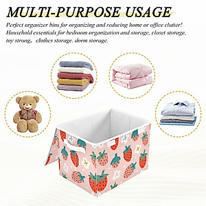Kigai Storage Basket Cute Strawberry Storage Boxes with Lids and Handle, Large Storage Cube Bin Collapsible for Shelves Closet Bedroom Living Room, 16.5x12.6x11.8 In