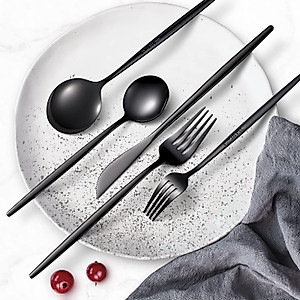 Black Silverware Set 30 Pieces, Black Flatware Utensil Cutlery Set for 6, Stainless Steel Black Forks Spoons and Knives Set Service for 6, Mirror Polished