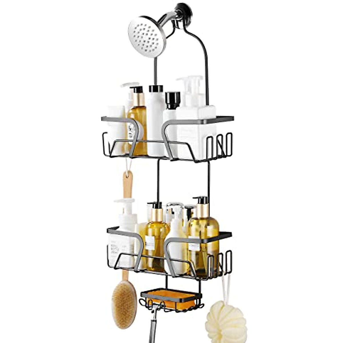 Taozun Shower Caddy Over Shower Head - Hanging Shower Caddy Rustproof Stainless Shower Organizer Hanging Storage Rack Basket with 6 Hooks for Soap and Sponge - Black