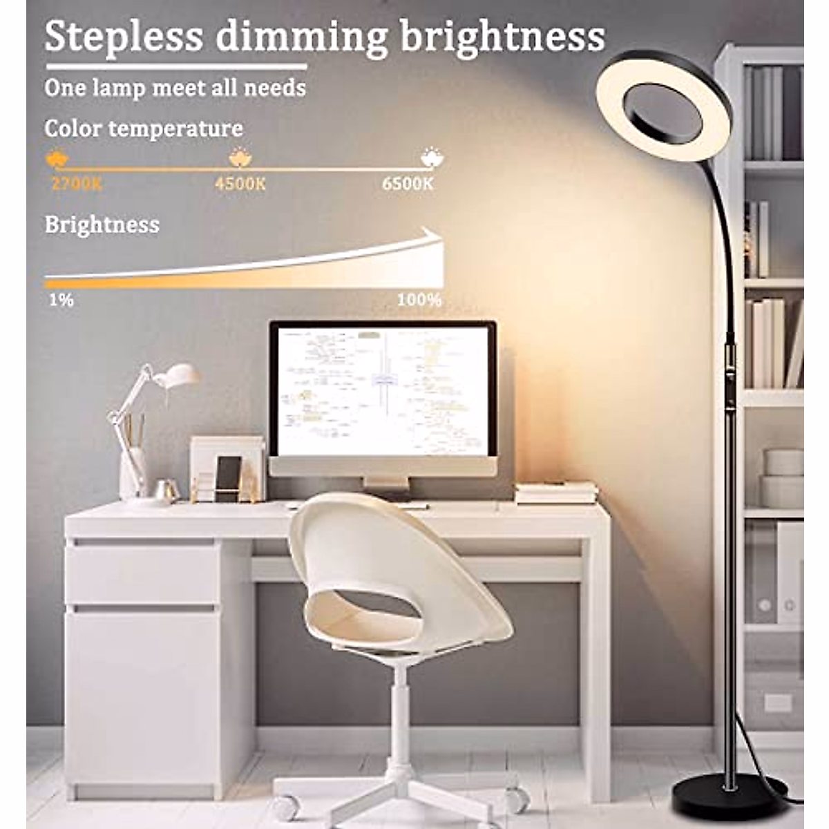 vividstarry Modern LED Floor Lamp with Remote & Touch Control, 2700K-6500K Bright Dimmable Floor Reading Lamp for Living Room/Bedroom/Office, Gooseneck Task Lights 10-100% Brightness Adjustable,Timer