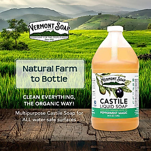 Vermont Castile Soap Peppermint, Gentle Liquid Soap for Sensitive Skin & Natural Body Wash, Organic Hair Shampoo for Oily Hair, Aloe Castile Soap for Men & Women - 64 Oz