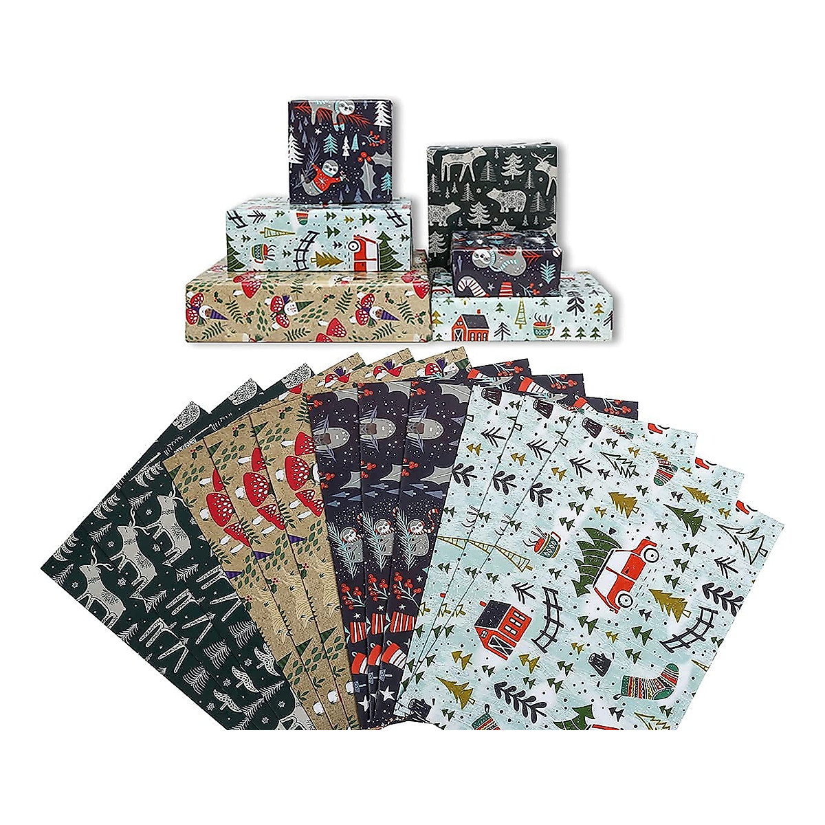 Christmas Wrapping Paper for Kids Boys Girls Men Women, Gift Wrapping Paper Include Santa, Stockings,Tree, Xmas Wrapping paper 20 x 29 Inches per Sheet （12 Sheets 48 sq. ft.）Recycled Easy Storage