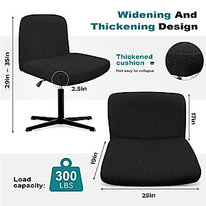 DKALIO Armless Office Chair,Desk Chair No Wheels,Cross Legged Vanity Chair,Fabric Office Chair Wide-Seat,Comfortable Height Adjustable Swivel Padded Home Office Desk Chairs(Black)