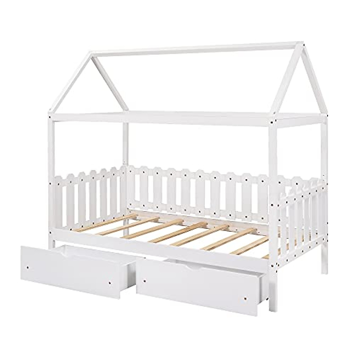 Lifeand Twin Size House Bed with 2 Drawers, Fence-Shaped Guardrail and Sky Roof, Solid Wood Bedframe for Gilrs Boys,White